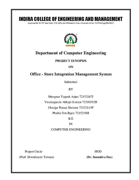 Synopsis Format Final Department Of Computer Engineering Project