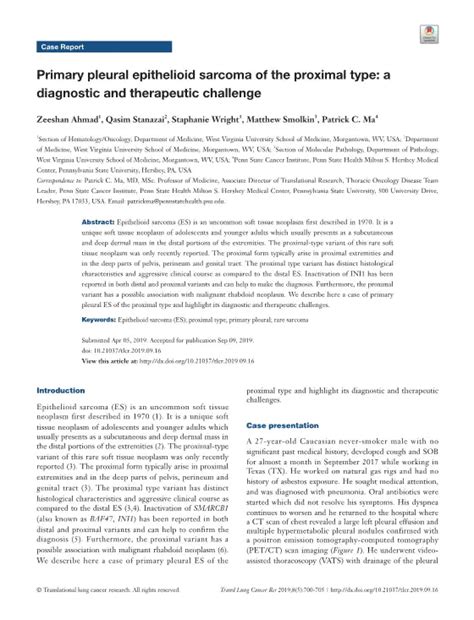 Primary Pleural Epithelioid Sarcoma Of The Proximal Type A Diagnostic
