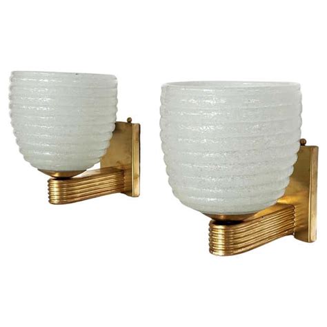 Italian Brass And Murano Glass Wall Lights Or Sconces In Art Deco Style