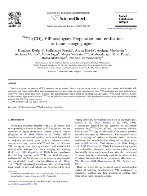 Pdf 99mtcco3 Vip Analogues Preparation And Evaluation As Tumor
