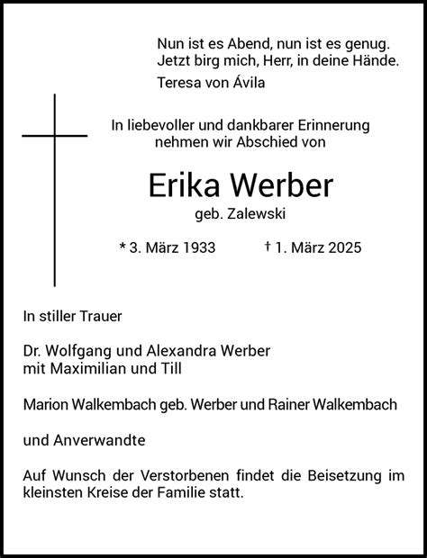 Traueranzeigen Von Erika Werber Gatrauerde