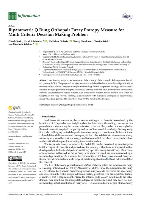 Pdf Biparametric Q Rung Orthopair Fuzzy Entropy Measure For Multi