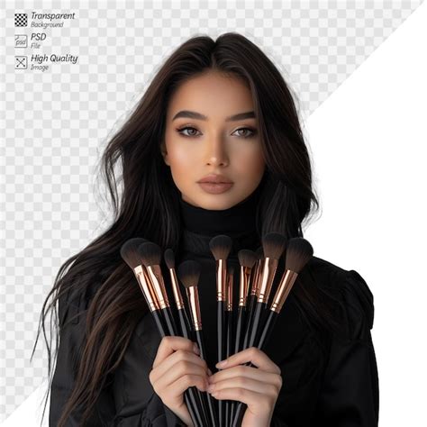 Premium Psd Young Woman Posing With A Set Of Makeup Brushes