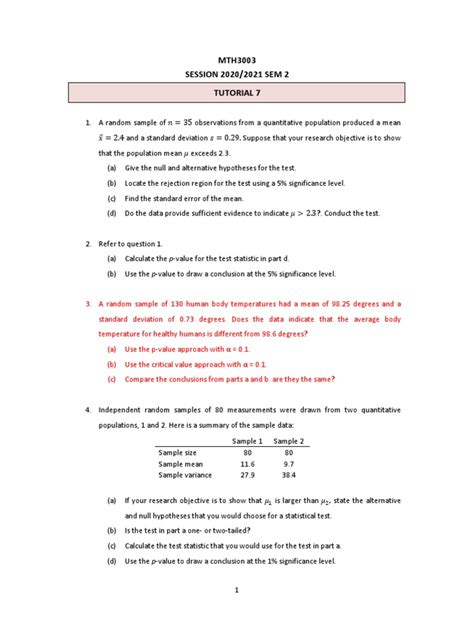 Tutorial 7 Pdf Statistical Hypothesis Testing P Value