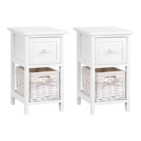 Set Of 2 Mini Country Style Bedside Tables With Wicker Baskets White