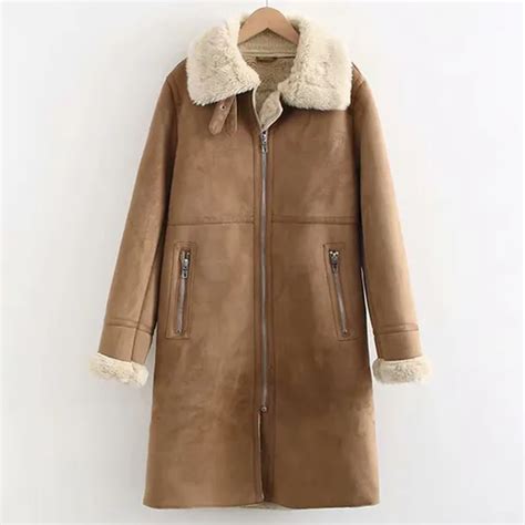 Womens Winter Heavy Weight Faux Fur Lined Suede Warm Long Trench Coat