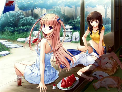 Fondos De Pantalla Tres Chicas Anime Gato Sandía 2880x1800 Imagen
