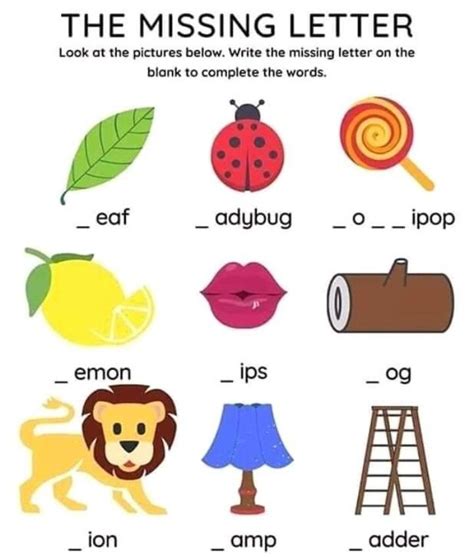 Colorful English Spelling Missing Letter Activity Printable Worksheet