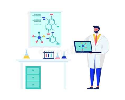 Male Scientist Presenting A Molecular Structure On Laptop In A Lab Researcher In White Coat
