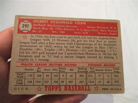 1952 Topps Baseball Gil Coan 291 Bodnarus Auctioneering
