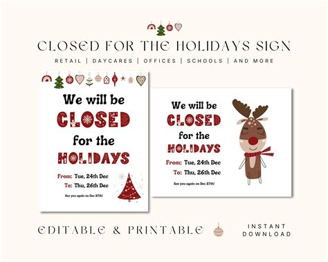 Holiday Closed Signs Printable Mom Printable