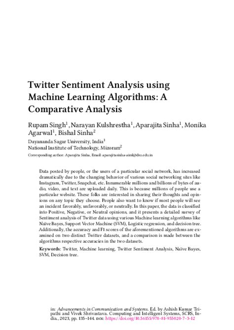 Pdf Twitter Sentiment Analysis Using Machine Learning Algorithms A