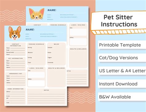 Printable Pet Sitter Instructions Cat And Dog Care Pdf Template Etsy