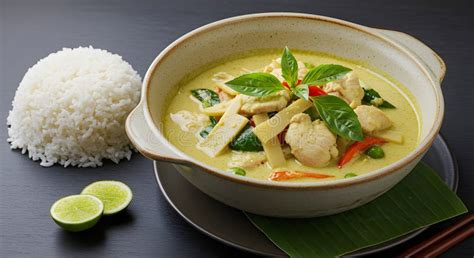 Thai Green Curry With Chicken Coconut Milk And Jasmine Rice Stock