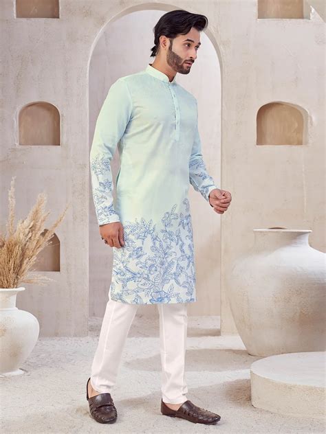 Sky Blue Printed Cotton Men Kurta Suit G3 Mks6436 United States
