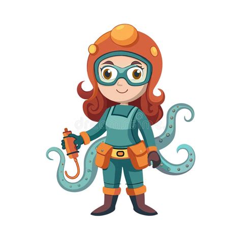 Cartoon Engineer Girl With Octopus Tentacles And Welding Tool Stock
