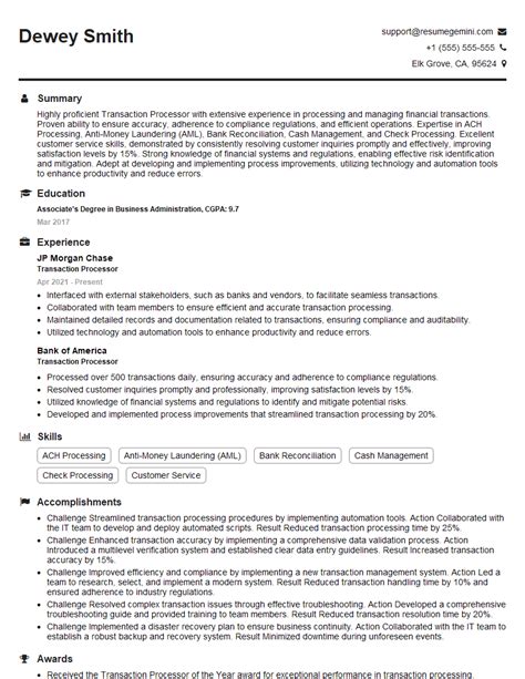 Transaction Processor Resume Template Resumegemini Online Resume