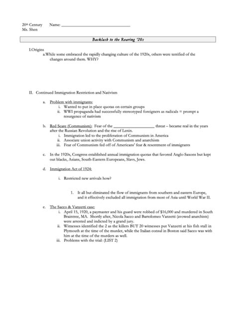 Backlash To The 1920s History Worksheet Printable Pdf Download