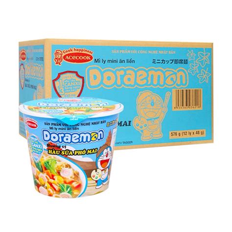 Box Of 12 Cups Of Doraemon Instant Noodles With Oyster Milk Cheesesweet And Sour Seafood Flavor