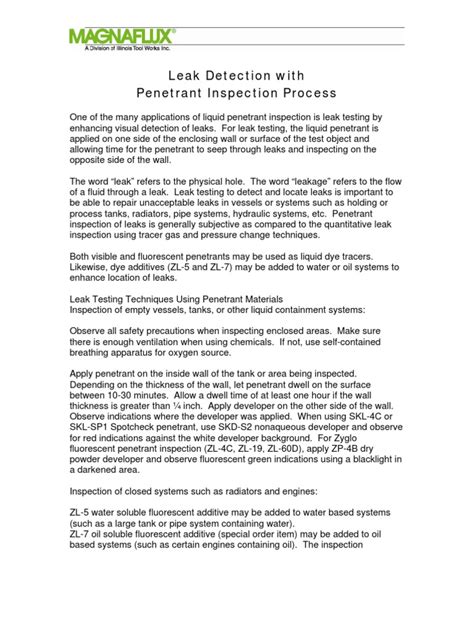 Leak Detection With Penetrant Inspection Process Pdf Leak Fluorescence