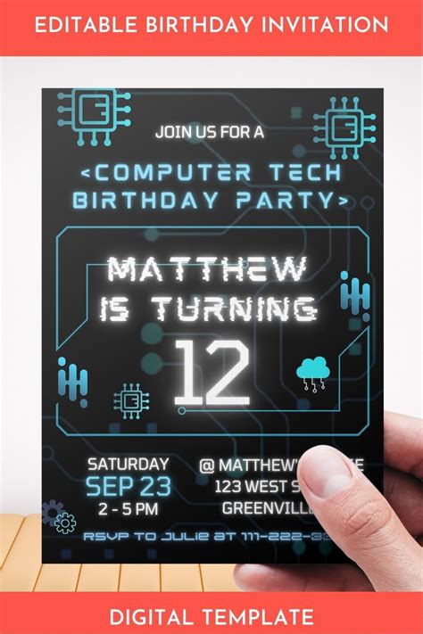 Editable Computer Birthday Invitation Computer Tech Coding Programming