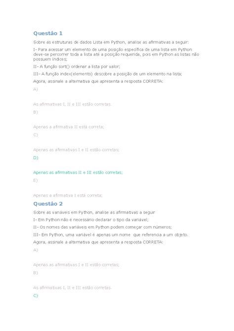 Gabarito Prova Python 2 Questão 1 Sobre As Estruturas De Dados Lista Em Python Analise As