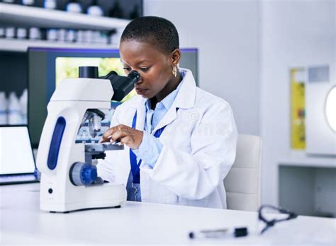 Scientist Black Woman And Microscope Analysis And Science Study With