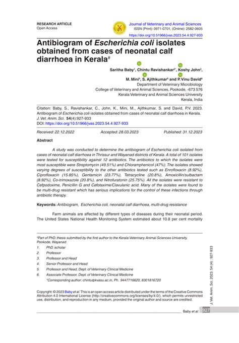 Pdf Antibiogram Of Escherichia Coli Isolates Obtained From Cases Of Neonatal Calf Diarrhoea In
