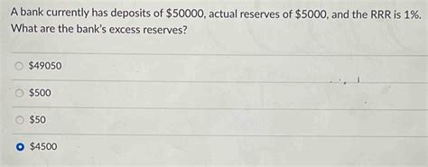 Solved A Bank Currently Has Deposits Of 50000 Actual Reserves Of 5000 And The Rrr Is 1