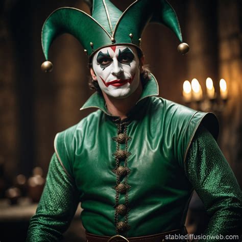 Medieval Dark Jester Performer Dressed In Tight Green Leather Prompts