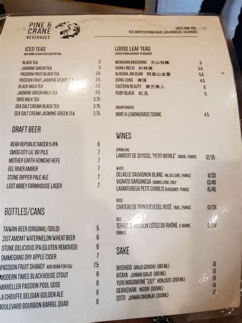Menu At Pine And Crane Silverlake Restaurant Los Angeles Griffith