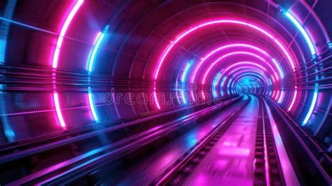 Neon Illuminated Subway Tunnel With Railway Tracks And Futuristic