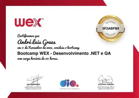 Certificado Certificado De Conclusão Do Bootcamp Bootcamp Wex Desenvolvimento Net E Qa