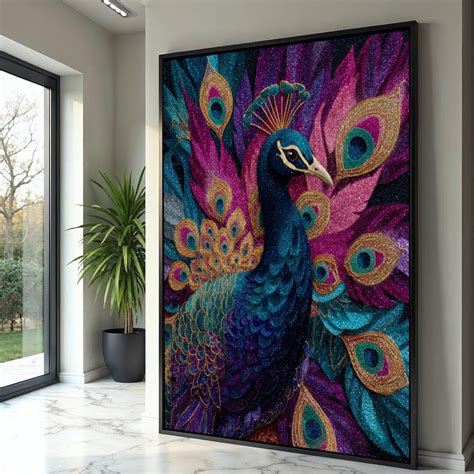 Vibrant Peacock Canvas Wall Art Glitter Feather Design Colorful Bird