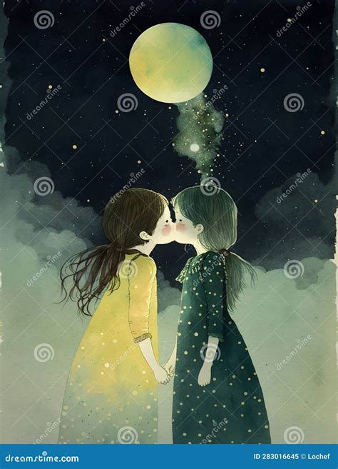 Acuarela Vintage De Dos Niñas Besándose En El Espacio Profundo Stock De