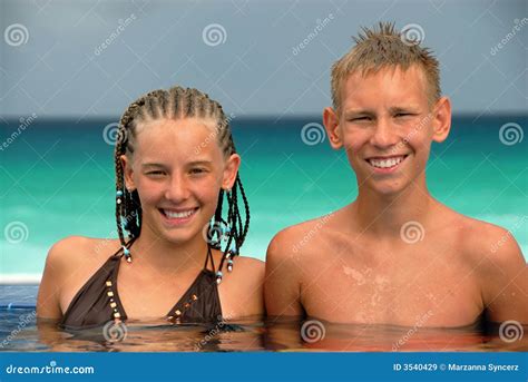 Siblings In Pool Stock Image Image Of Lady Leisure Grinning 3540429