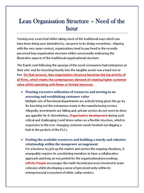 Lean Organisation Structure Organisation Development Infinity People Pdf Organizational