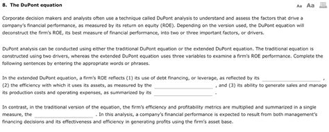 Solved 8 The Dupont Equation Aa Aa Corporate Decision