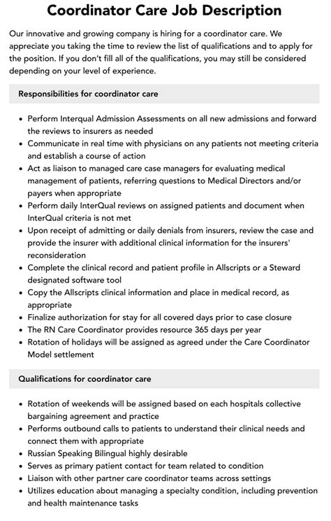 Coordinator Care Job Description Velvet Jobs