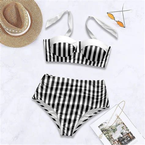 Retro Pin Up Bikini Halter Black High Waist Bikini Black Stripe