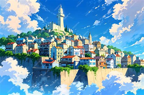 Premium Photo Anime City Scape With Blue Sky Anime Landscape