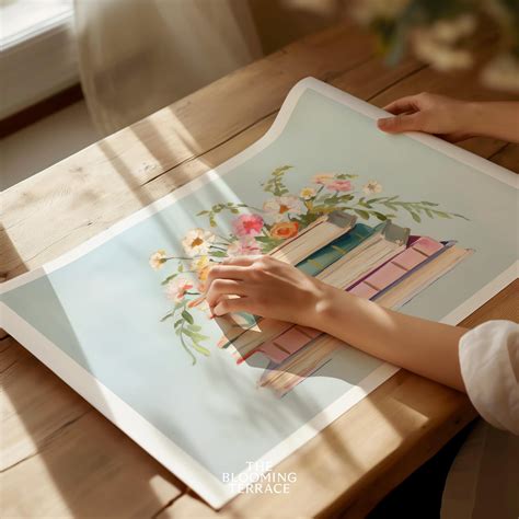 Floral Book Stack Art Print Cottagecore Reading Nook Decor Digital