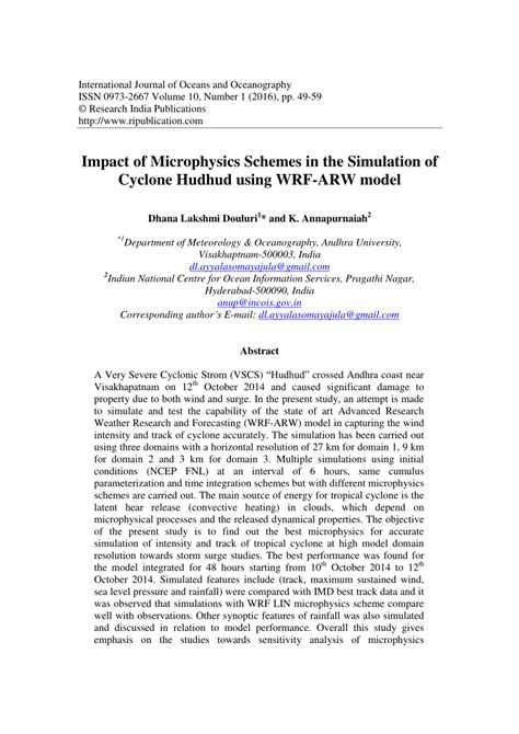 Pdf Impact Of Microphysics Schemes In The Simulation Of Cyclone Hudhud Using Wrf Arw Model