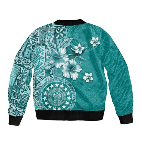 Cook Islands Sleeve Zip Bomber Jacket Teal Hibiscus And Stars Lt05