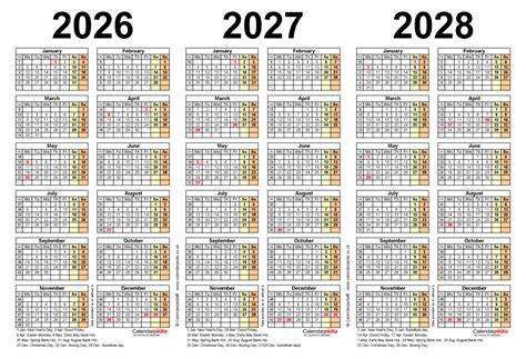 Printable 3 Year Calendar 2026 2027 2028