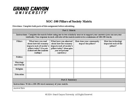 Soc 100 T7 Pillars Of Society Matrix Topic 7 Assignment Soc 100 Pillars Of Society Matrix