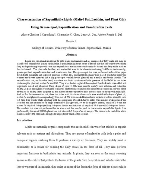 Characterization Of Saponifiable Lipids Melted Fat Lecithin And