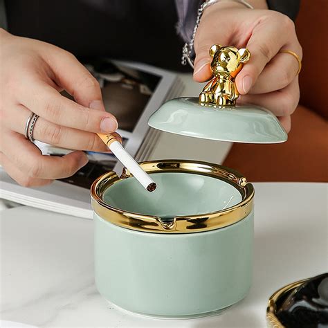 Cute Ceramic Ashtray With Lid Gold Bear Ashtray Planet