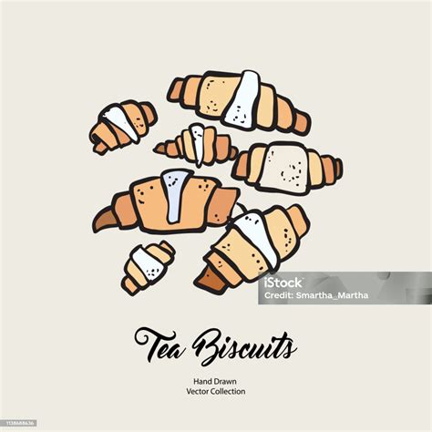 오래 된 스타일의 크루아상 절연 손으로 그린 벡터 라인 그림 벡터 차 비스킷 요리 로고 포장 디자인 카페 메뉴 배너 Flayer에 대 한 쿠키 레트로 손으로 그린 스타일의