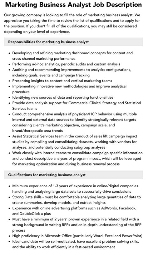 Marketing Business Analyst Job Description Velvet Jobs